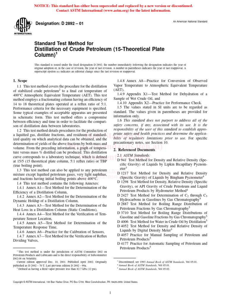 ASTM-D2892-01 Standard Test Method For Distillation of Crude Petroleum ...