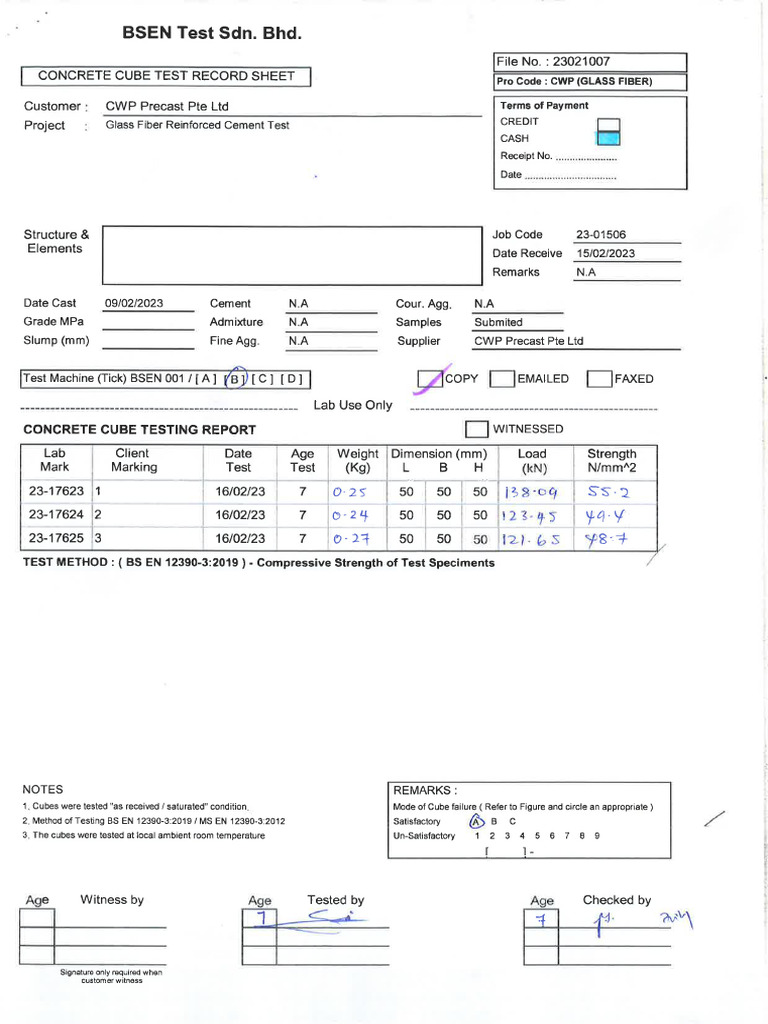 Concrete Cube Test Record Sheet | PDF