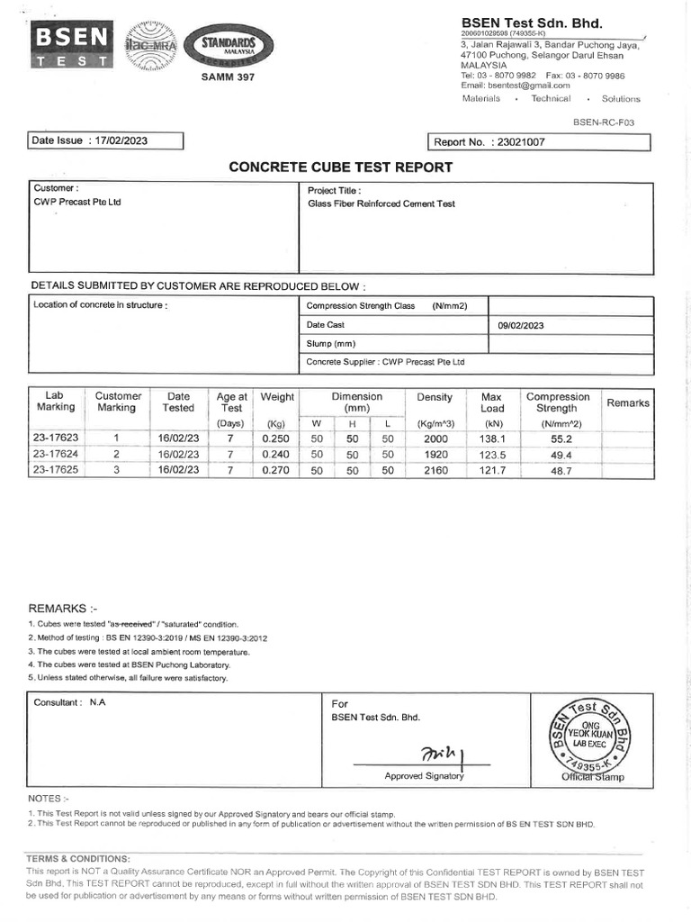 23021007 CWP PRECAST - Concrete Cube Test Report | PDF