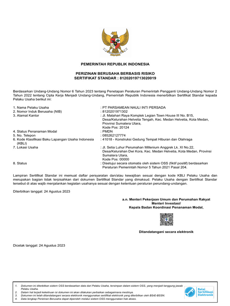 Sertifikat OSS PT Parsamean Nauli Inti | PDF