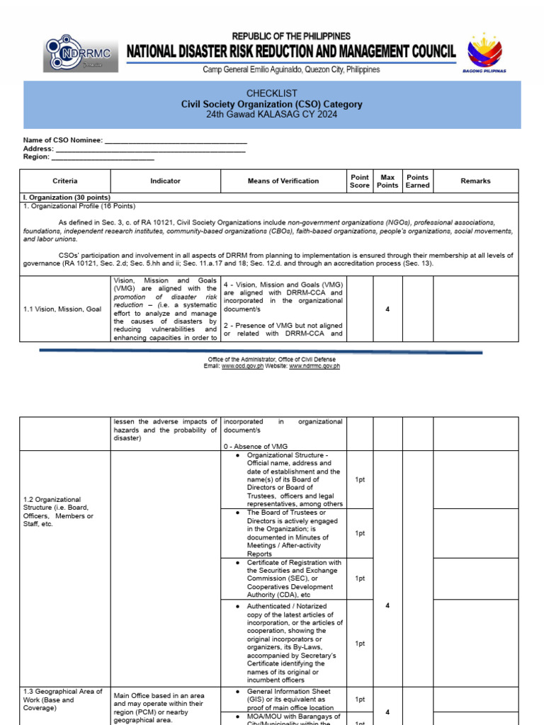 Cso Checklist Cy 2024 - Ao051024 | PDF | Disaster Risk Reduction | Non Governmental Organization