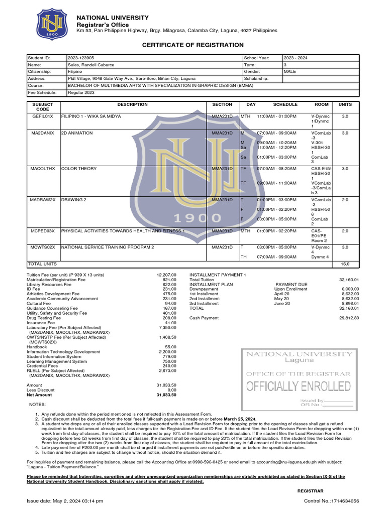 CertificateOfRegistration 2023 123905 | PDF | Fee | Payments