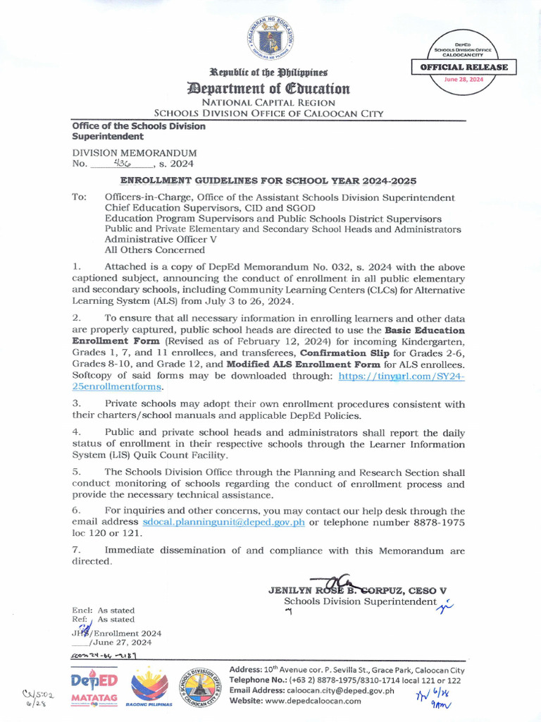 Enrollment Guidelines SY 2024-2025 | PDF