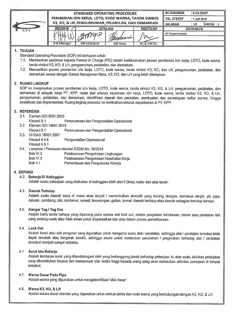S.3.6.3 - SOP Pemberian Izin Kerja, LOTO, Kode Warna, Tanda Simbol K3LH ...