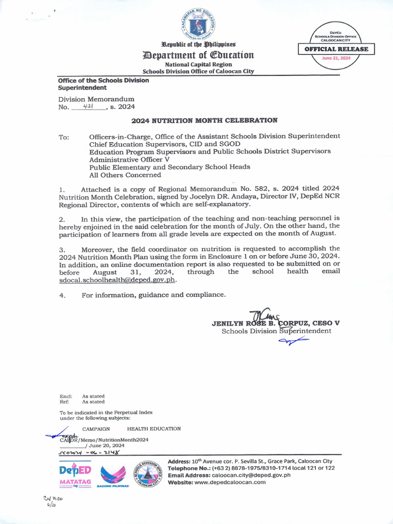 2024 Nutrition Month Celebration Memo | PDF | Wellness | Science & Mathematics