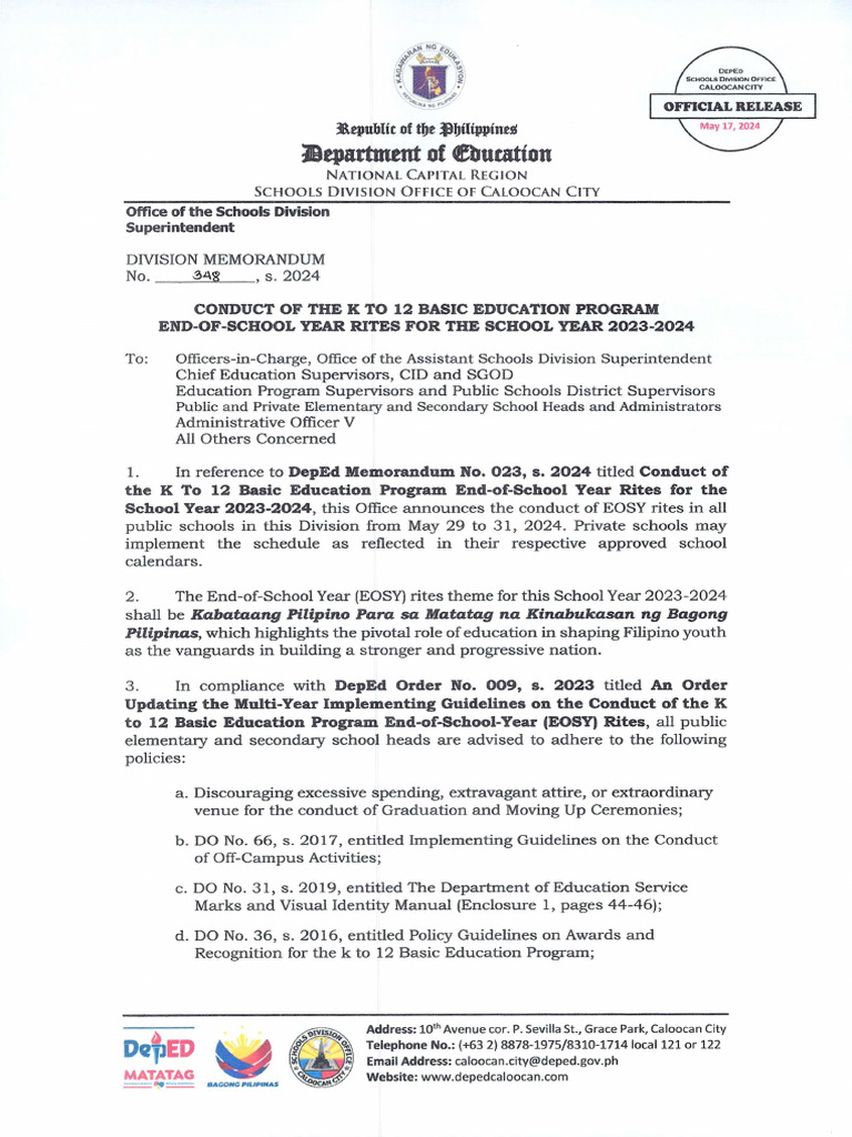 DepEd Order 12 s. 2024: EOSY Guidelines | PDF | Philippines