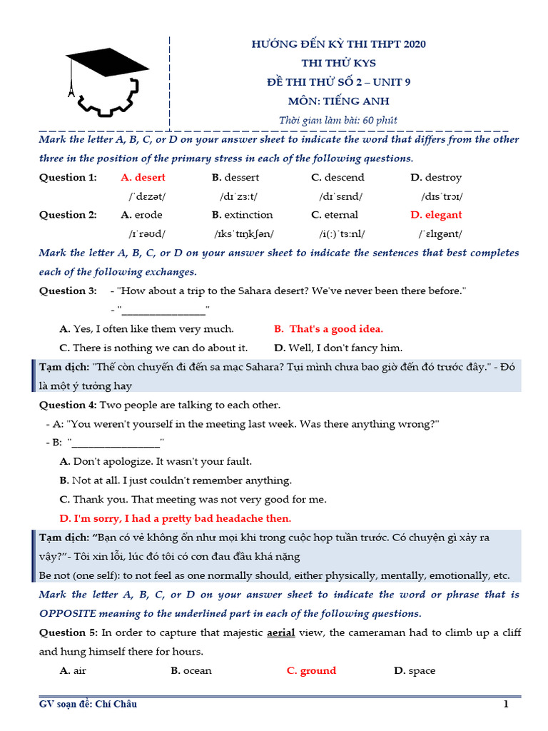 3. Đề thi thử số 8 - UNIT 9 - key | PDF