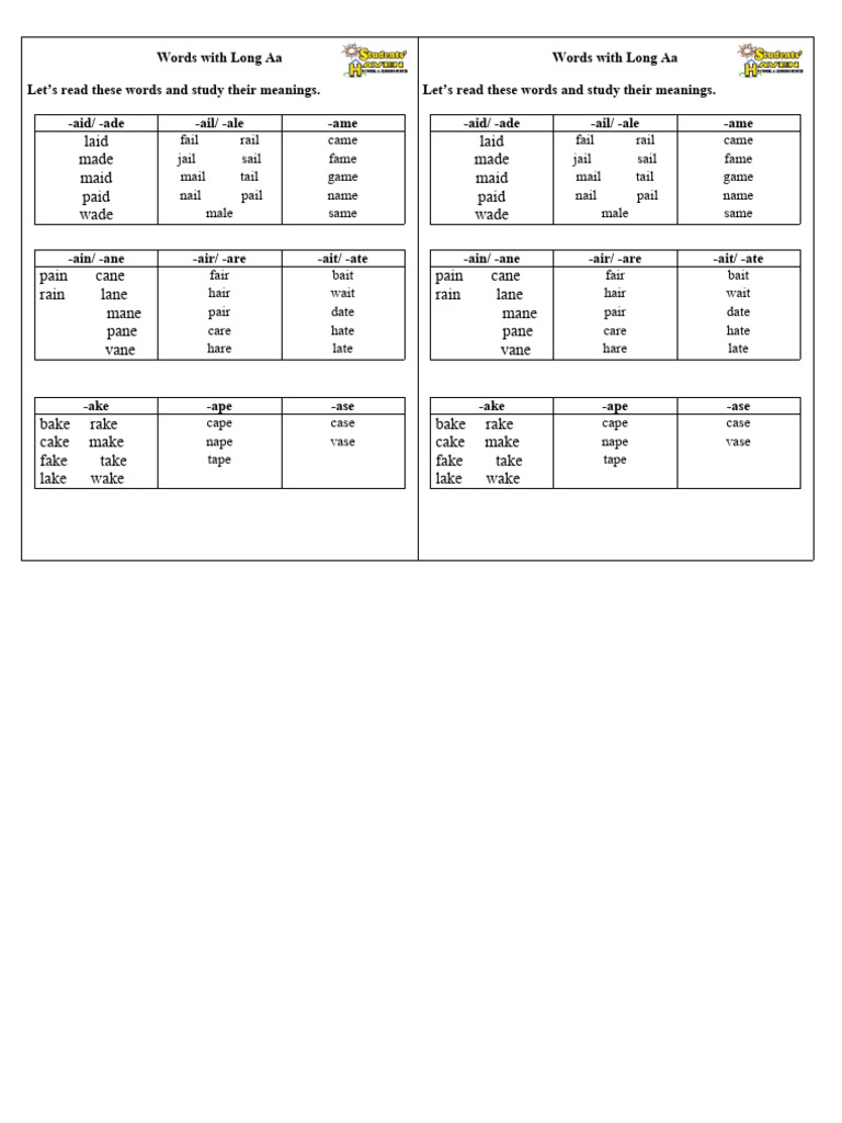 Words With Long Aa - Rona | PDF