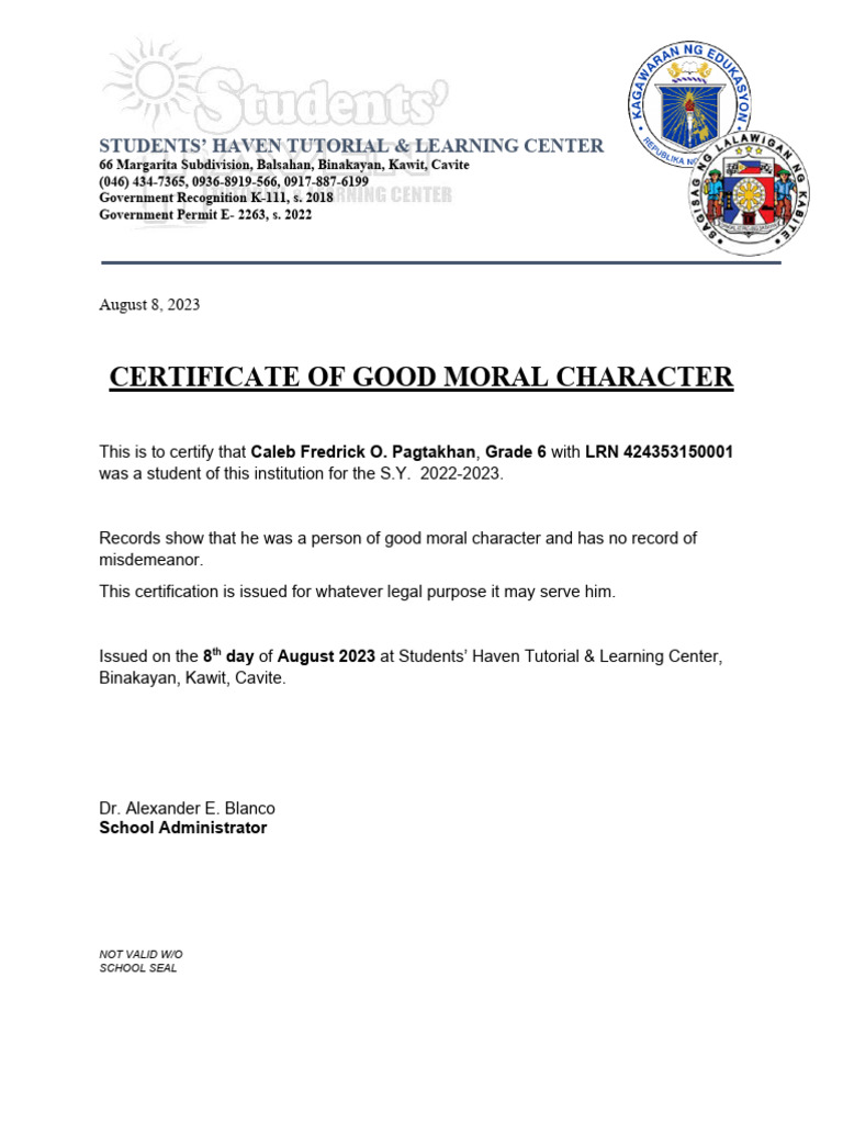 Certificate of Good Moral Character | PDF