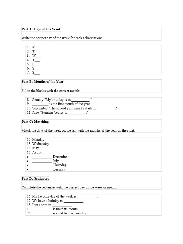 Worksheet days of the week | PDF
