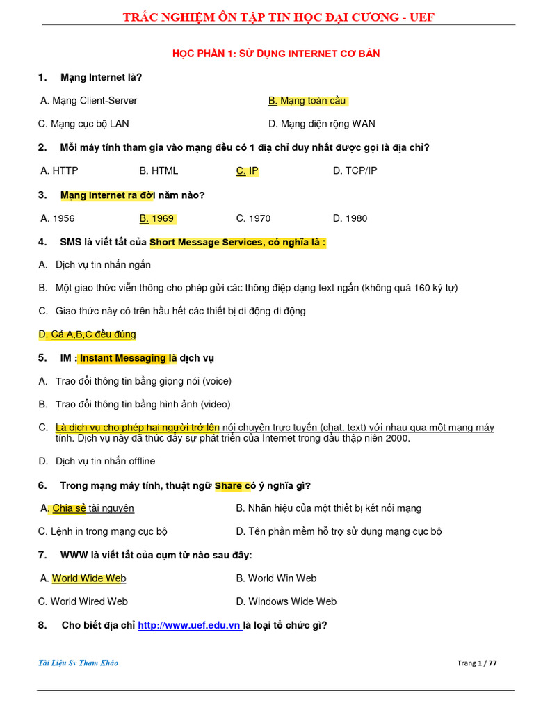 Trắc Nghiệm Thdc-uef-598cau | PDF