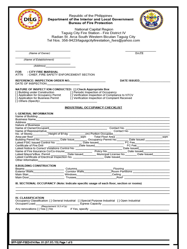 FSED 014 Checklist Industrial Occupancy Rev01 070519 | PDF | Door | Stairs