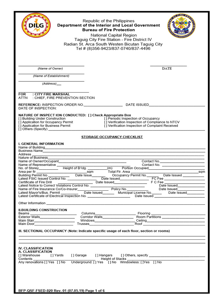 FSED 020 Checklist Storage Occupancy Rev01 070519 | PDF | Door | Fire ...