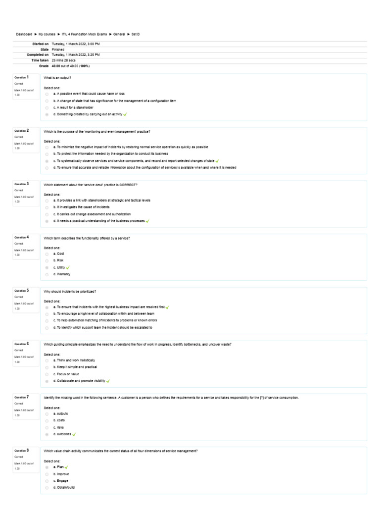 ITIL 4 Foundation Mock Exam Results | PDF | Supply Chain | Implementation