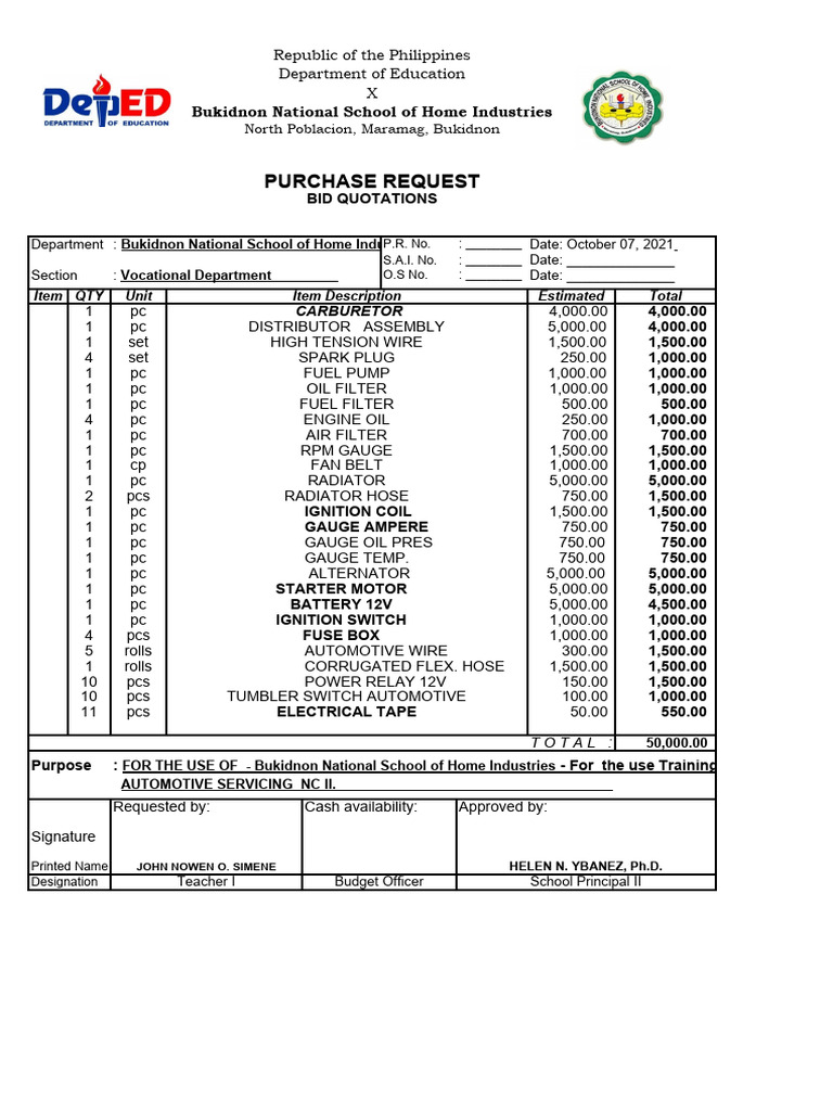 Purchase Request - Tools & Equipment JOHN 2021-2022 | PDF | Ignition ...