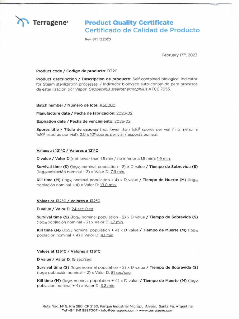 CoA Biologi Indicator ATCC 7953 | PDF