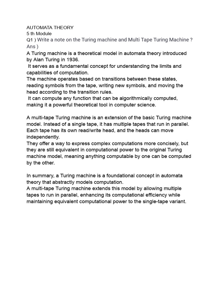 Write A Note On The Turing Machine and Multi Tape Turing Machine ? Ans) | PDF | Computational ...