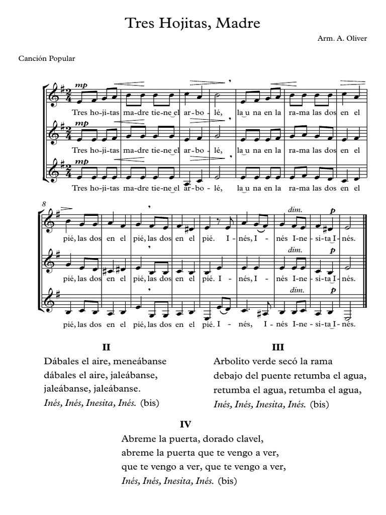 Tres Hojitas, Madre - Partitura Completa | PDF