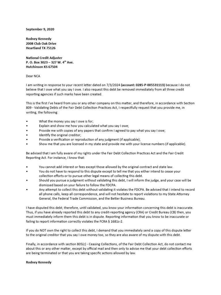 Debt Validation Letter - Rodney Kennedy V NCA | PDF | Business Law