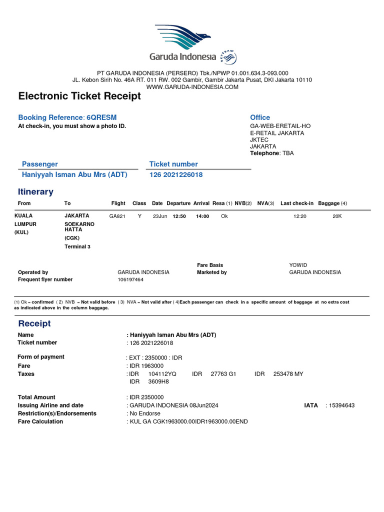 Tiket Garuda Pesawat Kuala Lumpur-Jkt | PDF | Dangerous Goods | Aviation