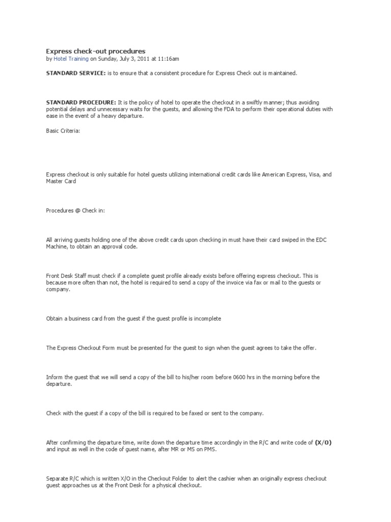 Express Checkout Procedures for Hotels | PDF | Point Of Sale | Invoice