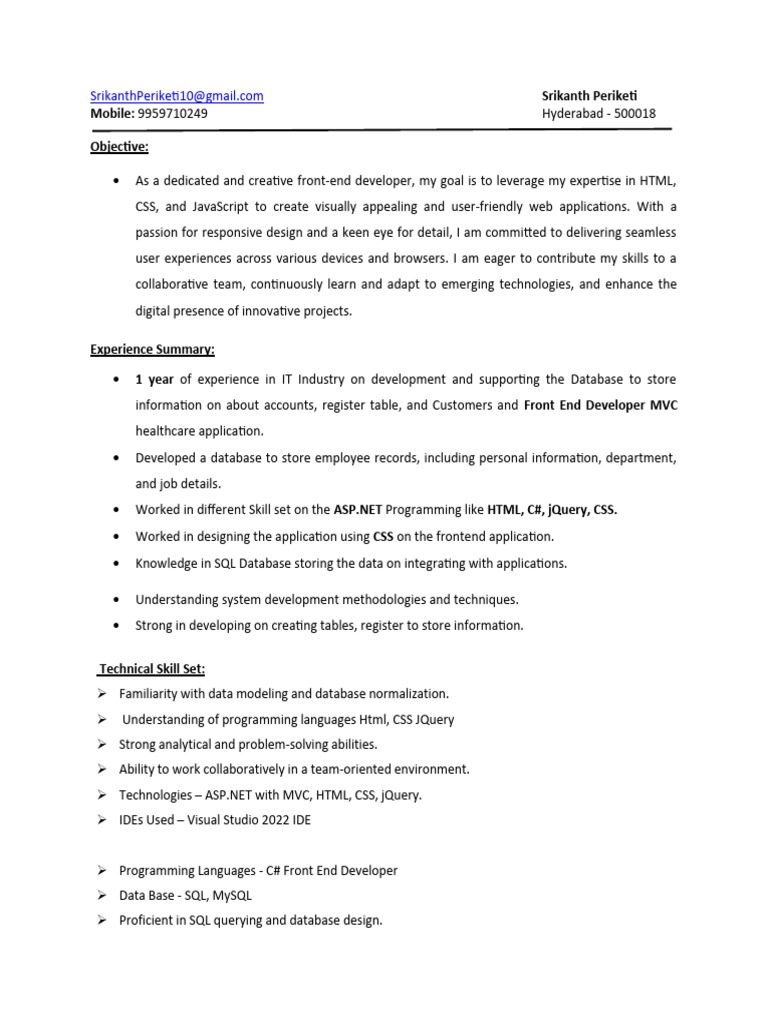 Srikanth FrontEnd Resume | PDF | Databases | J Query