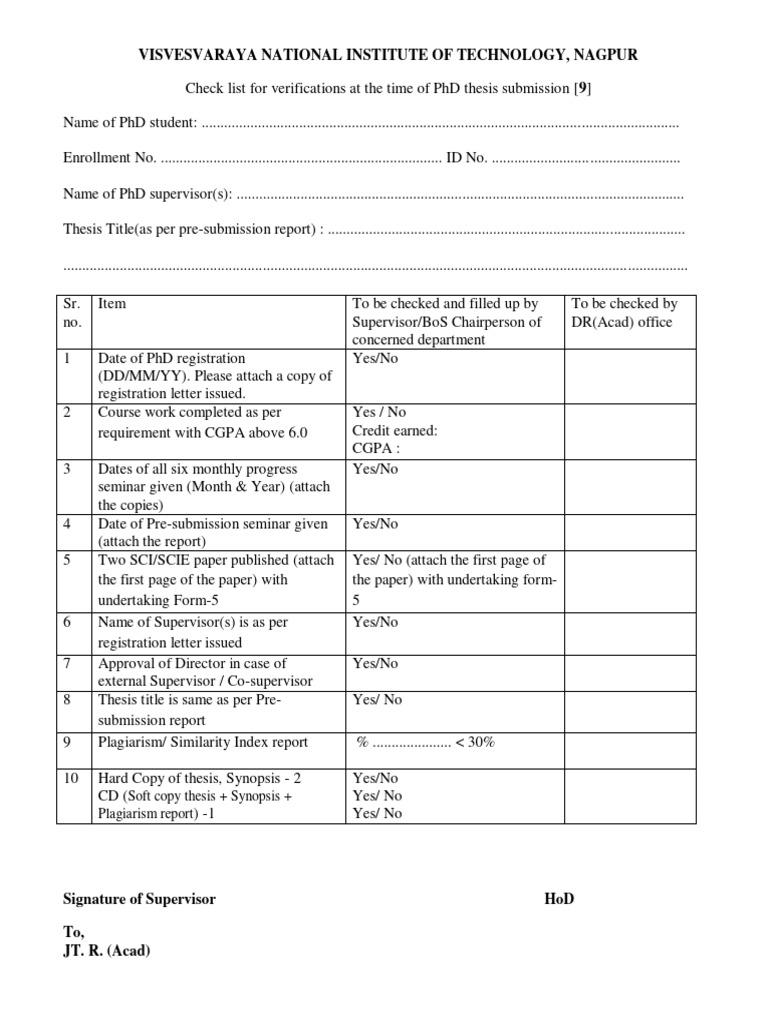 PhD Thesis Submission Checklist VNIT | PDF | Doctor Of Philosophy | Thesis