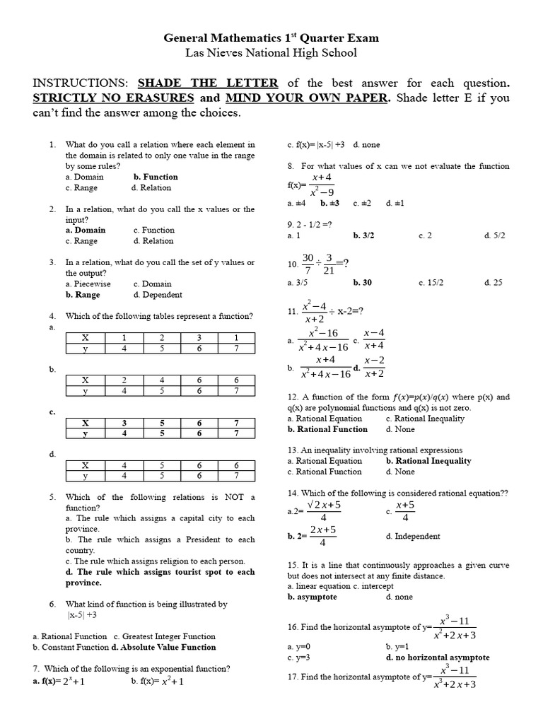 General Mathematics 1st Quarter Exam key b | PDF | Rational Number | Asymptote