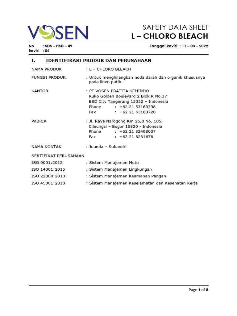SDS L - Chloro Bleach | PDF