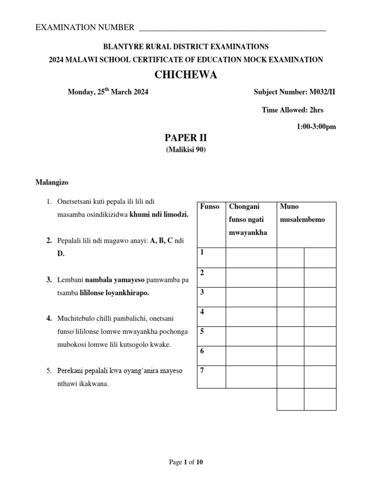 2024 Chichewa Mock Exam Paper II | PDF | Domesticated Animals | Insects And Humans