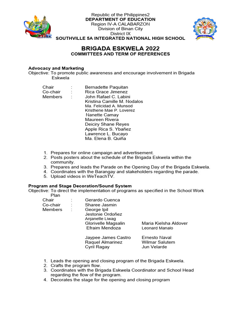 Brigada Eskwela 2022 Committee Overview | PDF | Business