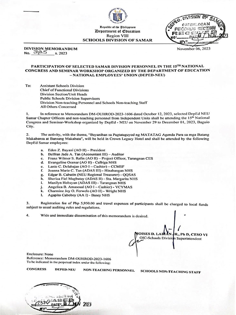 DepEd Neu Natl Congress Approved Division Memo | PDF