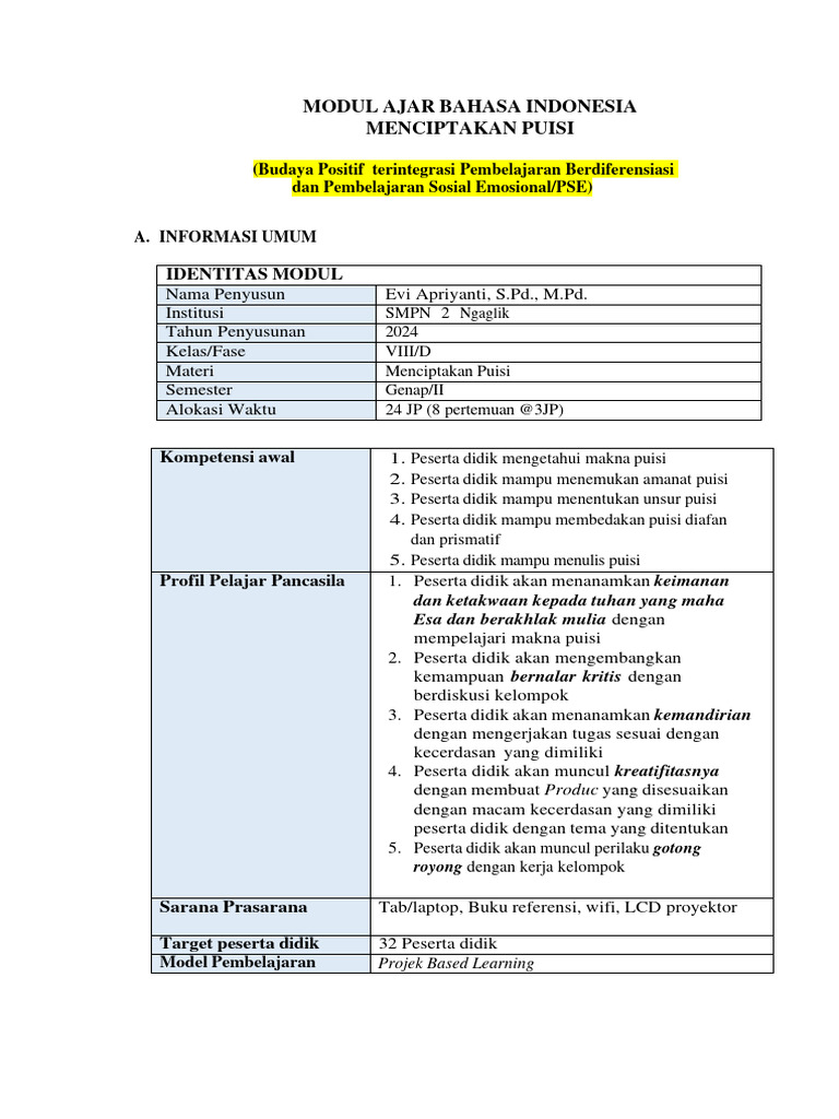 Modul Ajar Kelas 8 Bahasa Indonesia Menciptakan Puisi | PDF
