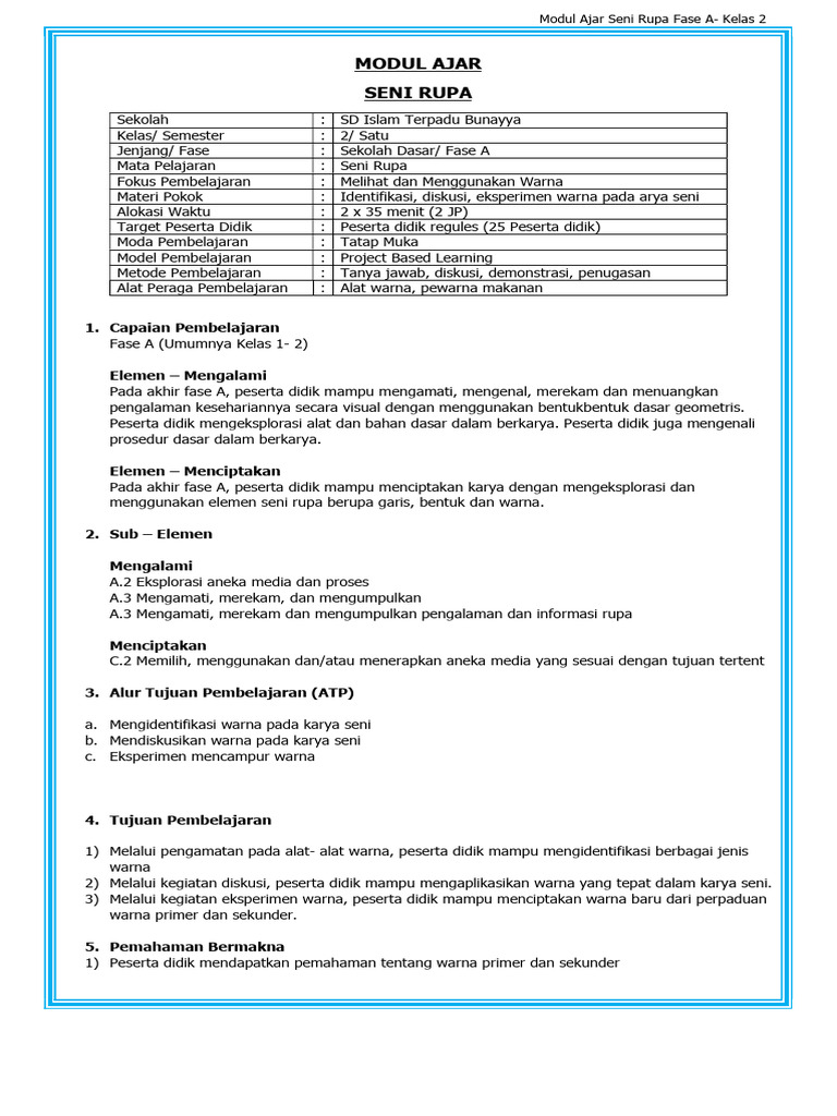 Modul Ajar Seni Rupa - Fase A Kelas 2 | PDF | Karier & Perkembangan | Seni & Disiplin Bahasa