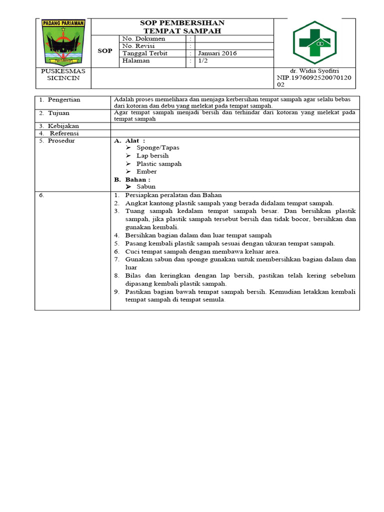 Sop Membersihkan Tempat Sampah | PDF | Griya & Taman