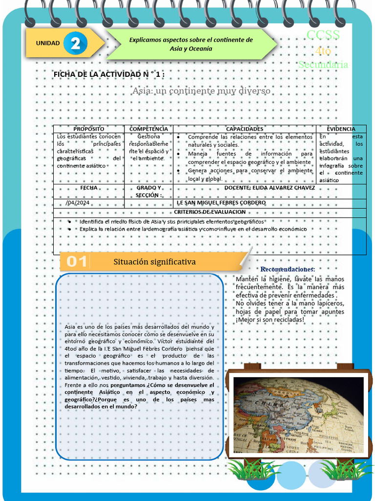 Ficha de Actividad #1 Unidad N ° 2 CCSS para 4° 2023 | PDF | Asia | Ciencias de la Tierra