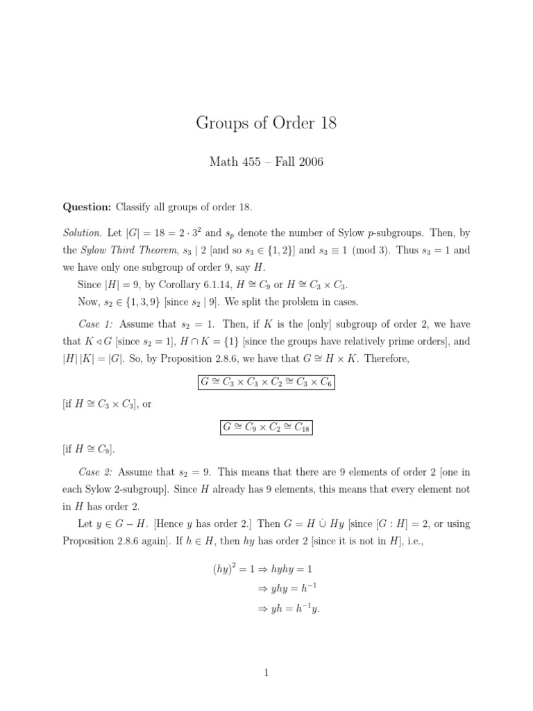 Groups of Order 18: Math 455 - Fall 2006 | PDF | Algebraic Structures ...