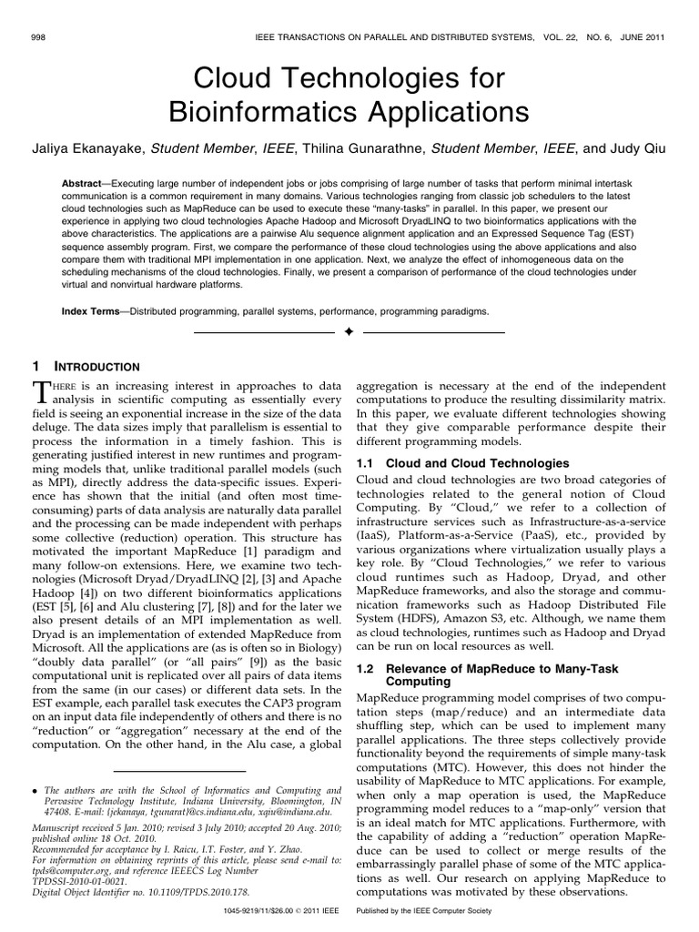 Cloud Technologies for Bioinformatics Applications | PDF | Apache Hadoop | Map Reduce