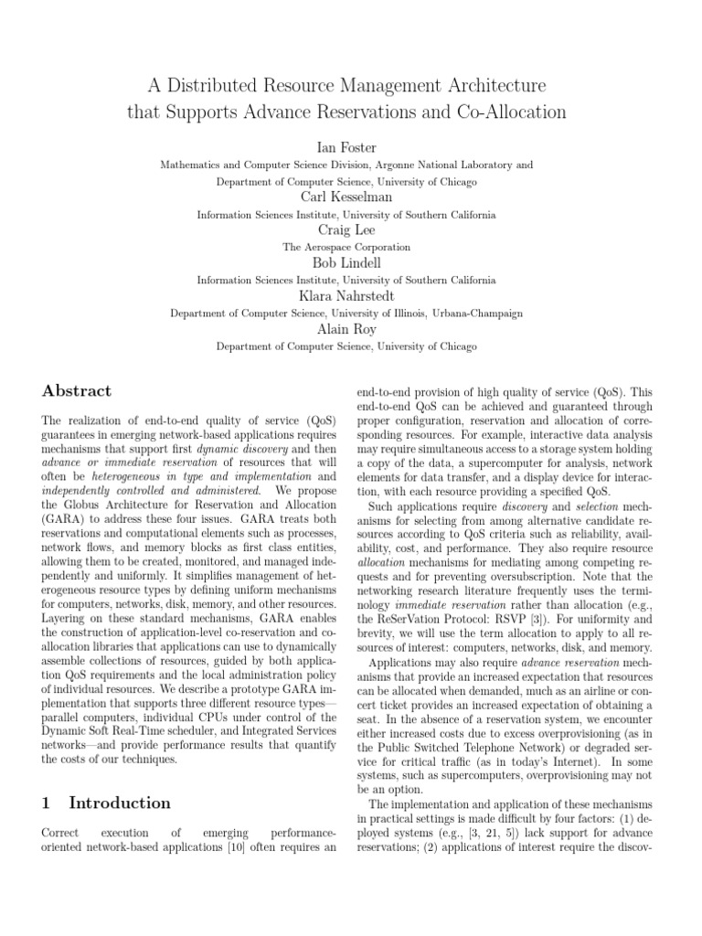 A Distributed Resource Management Architecture That Supports Advance