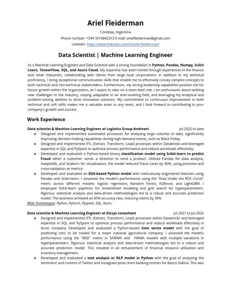 Ariel Fleiderman Resume | PDF | Data Science | Machine Learning