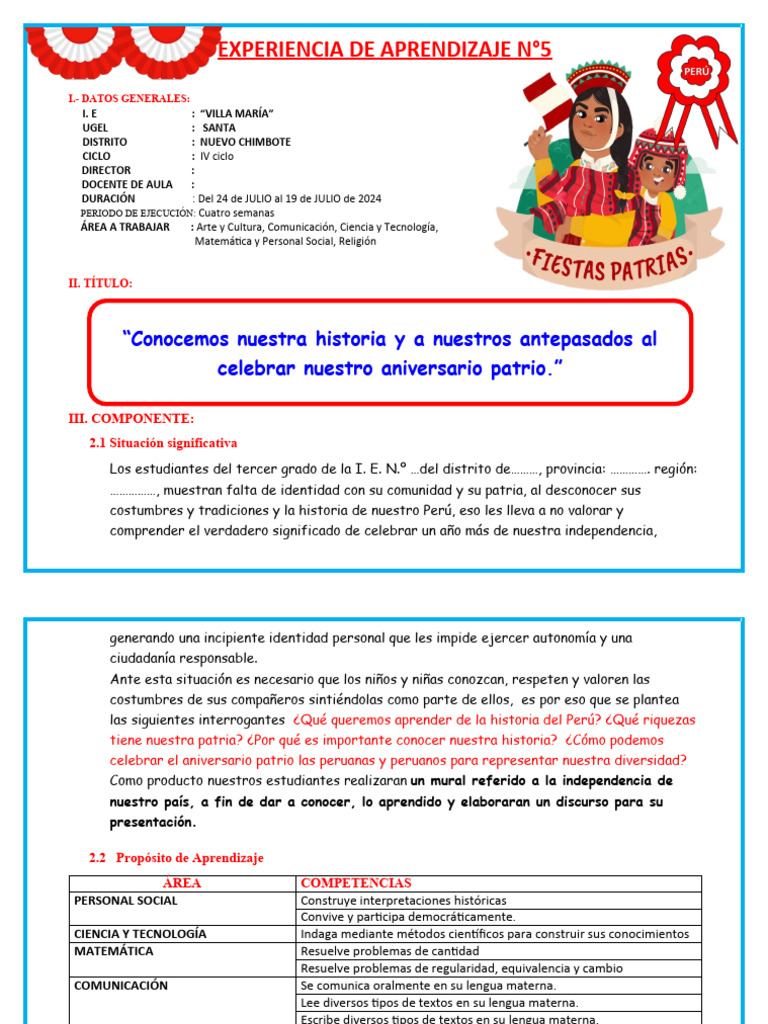 Experiencia De Aprendizaje N 05 3er Grado 2024 Pdf Perú Información