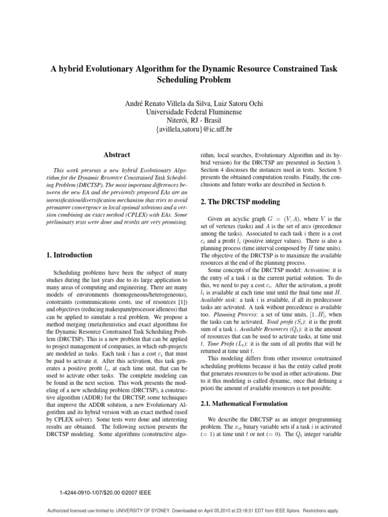 A Hybrid Evolutionary Algorithm For The Dynamic Resource Constrained Task Scheduling Problem ...