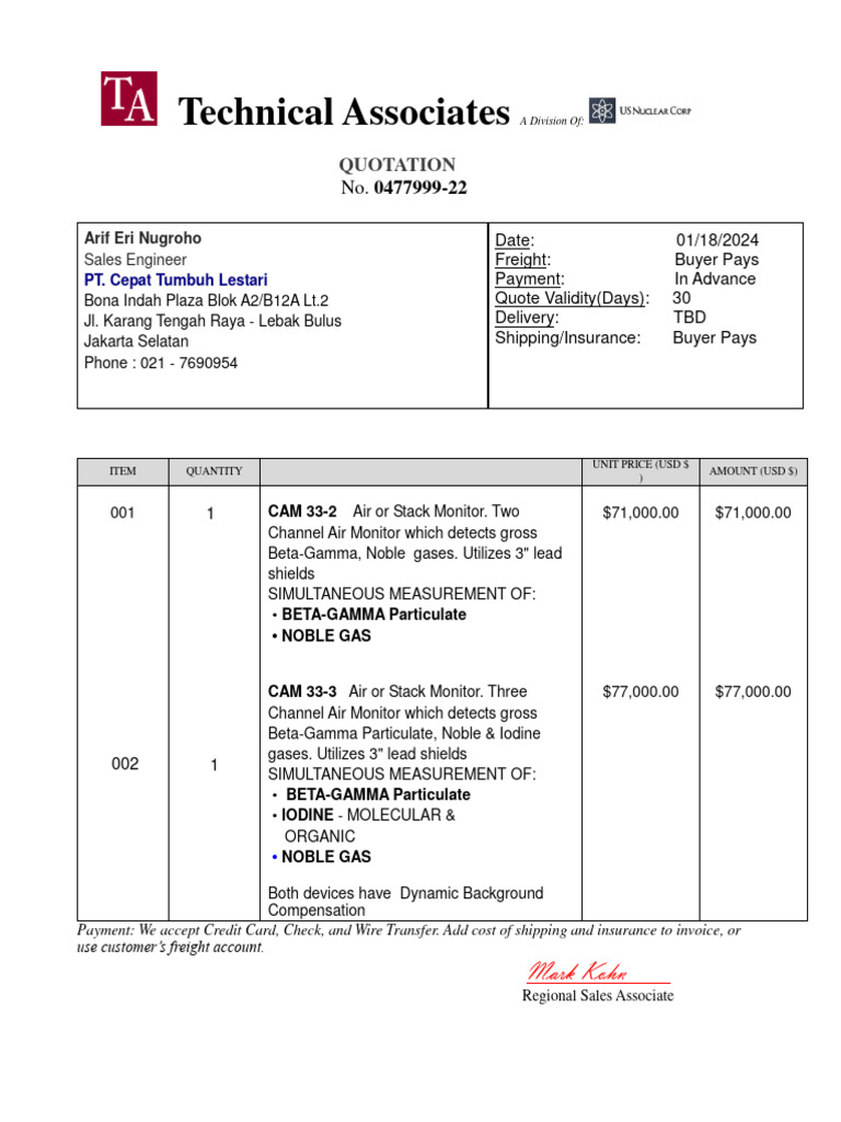 Air Monitor Quotation #0477999-22 | PDF | Technology & Engineering