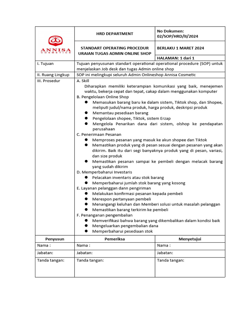 Sop Admin Tiktok | PDF