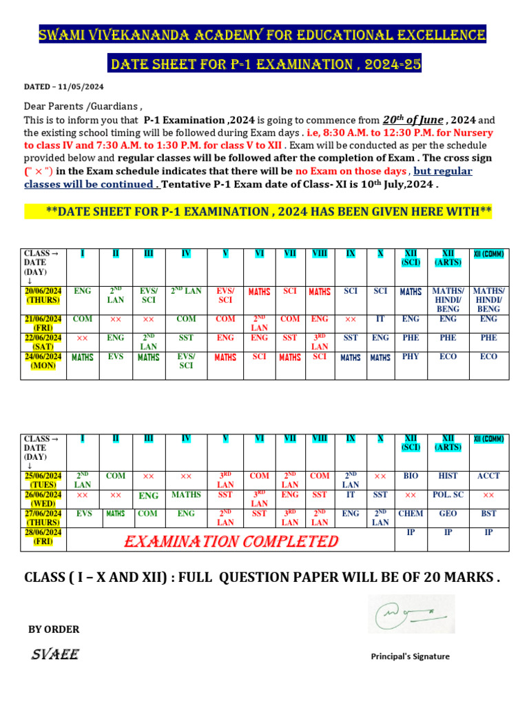 Date Sheet For P-1 Examination-2024-25 - 072204 | PDF | Teaching ...
