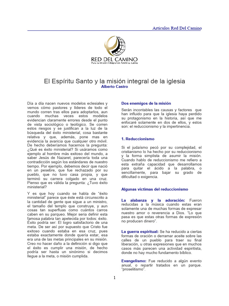 El Espíritu Santo y La Misión Integral de La Iglesia: Artículos Red Del ...