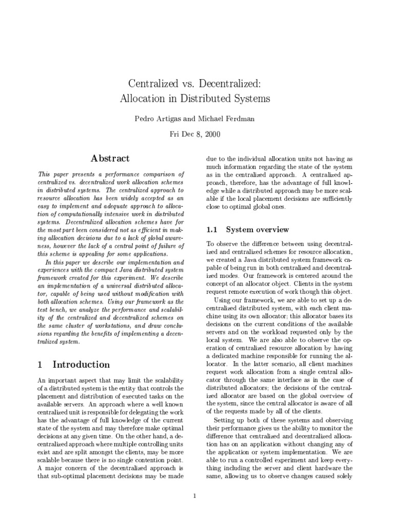 Centralized vs. Decentralized Allocation in Distributed Systems | PDF