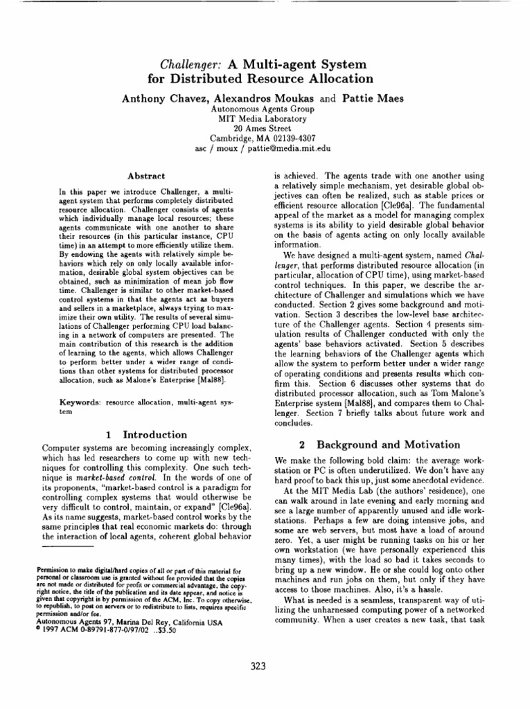 Challenger; a multi-agent system for distributed resource allocation | PDF Challenger; a multi-agent system for distributed resource allocation | PDF