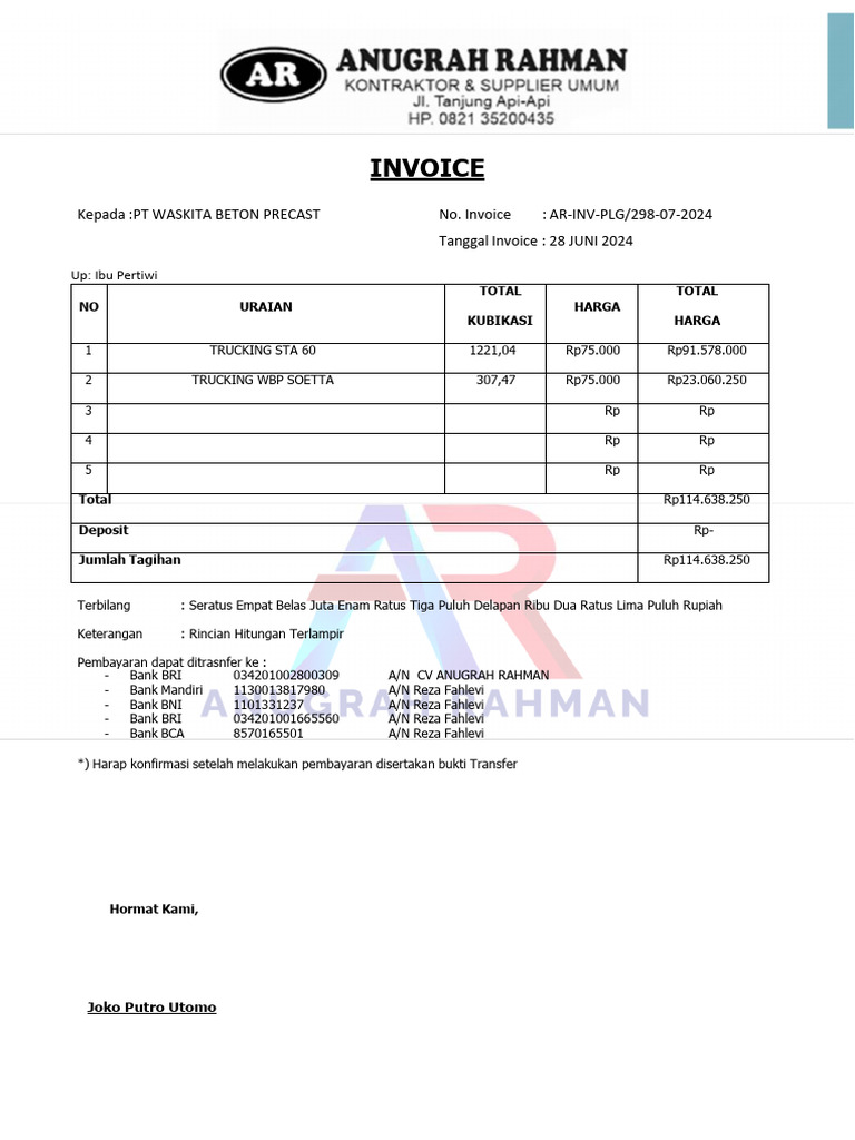 Inv 298 - PT Waskita Beton Precast | PDF | Indonesia | Banks