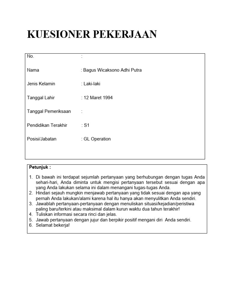 KUESIONER STAFF MASTER - Bagus Wicaksono Adhi Putra | PDF KUESIONER STAFF MASTER - Bagus Wicaksono Adhi Putra | PDF